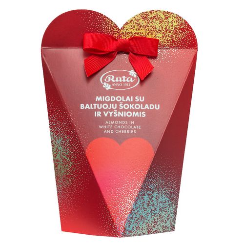 Migdolai su baltuoju šokoladu ir vyšniomis RŪTA (širdelės pakuotė), 100 g | Pegasas